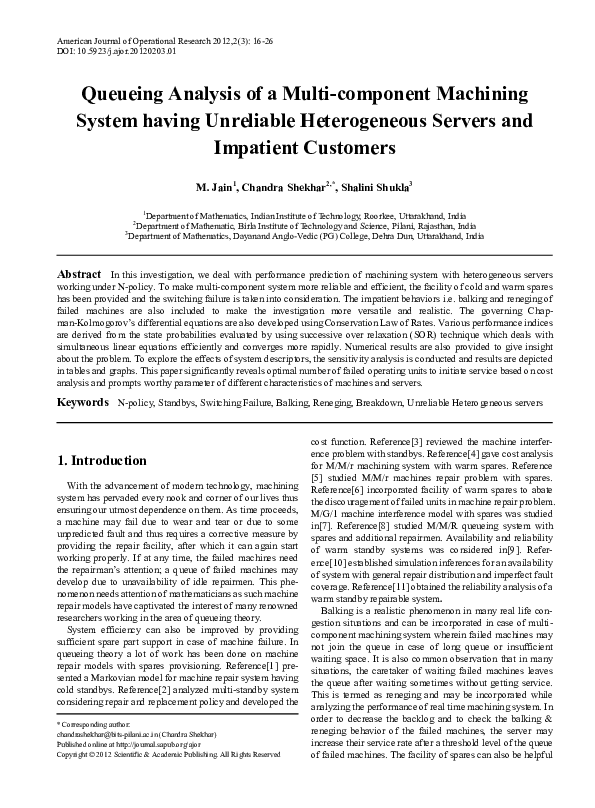 (PDF) Queueing analysis of a multi-component machining system having unreliable heterogeneous ...