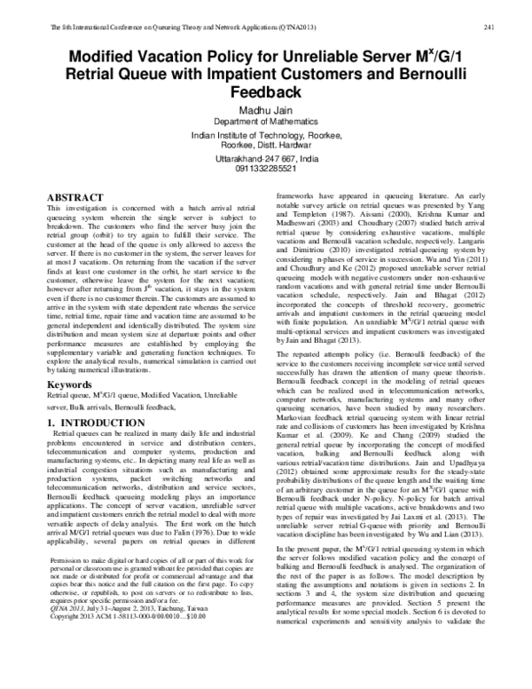 (PDF) Modified vacation policy for unreliable server MX/G/1 retrial queue with impatient ...