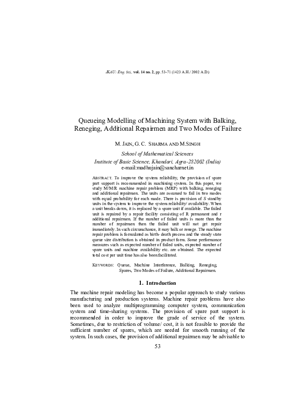 (PDF) Queueing Modelling of Machining System with Balking, Reneging, Additional Repairmen and ...