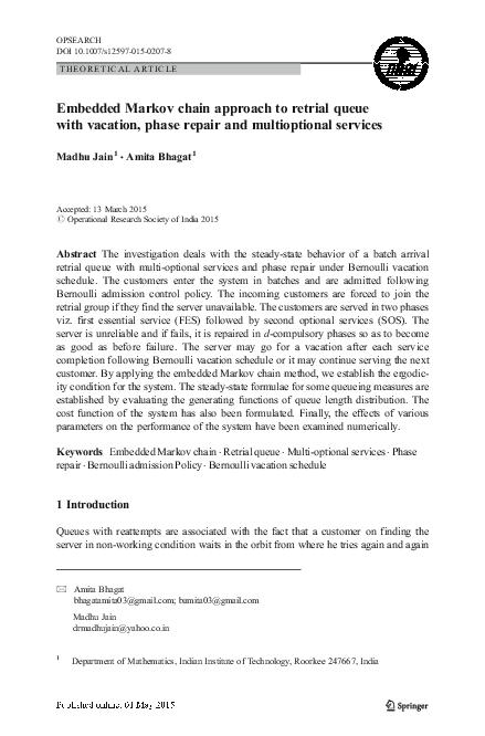 Pdf Embedded Markov Chain Approach To Retrial Queue With Vacation Phase Repair And