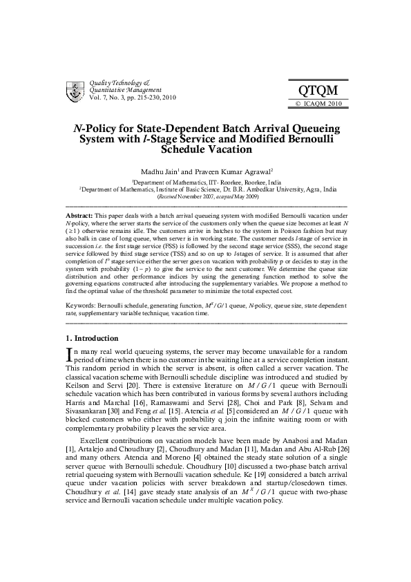Pdf N Policy For State Dependent Batch Arrival Queueing System With