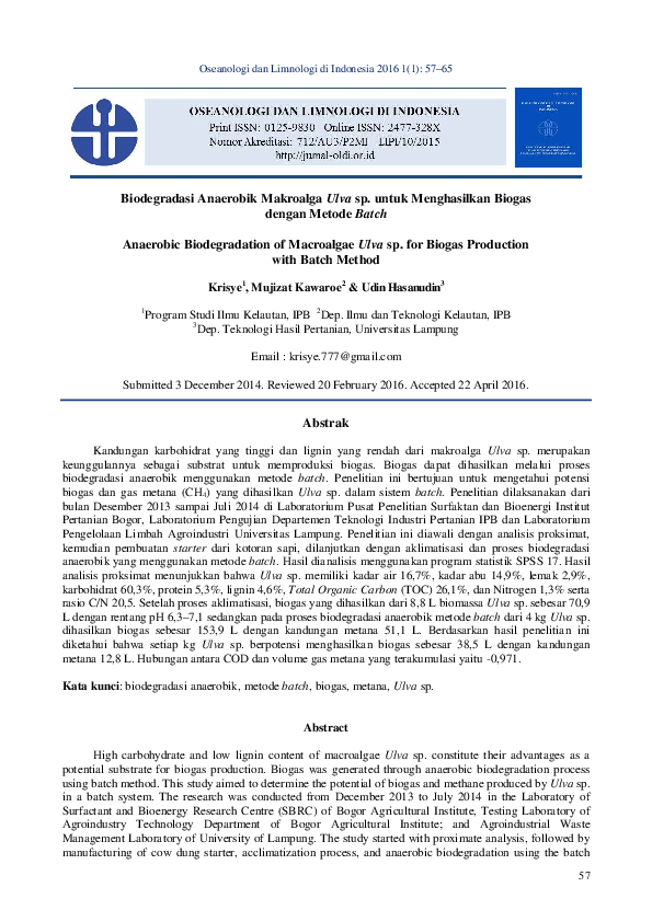 (PDF) Biodegradasi Anaerobik Makroalga Ulva sp. untuk Menghasilkan ...