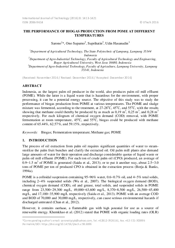 (PDF) The Performance of Biogas Production from Pome at Different ...