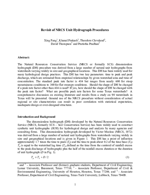 (PDF) Revisit of NRCS Unit Hydrograph Procedures