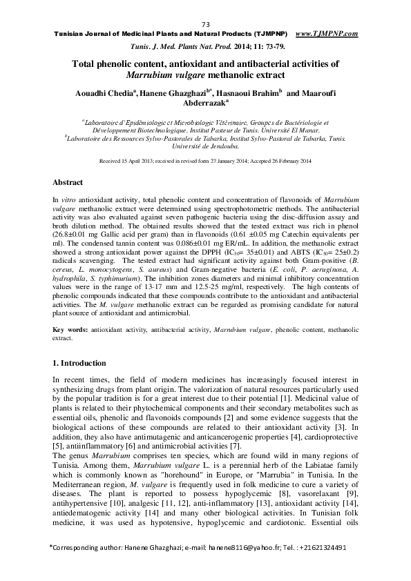 (PDF) Total phenolic content, antioxidant and antibacterial activities of Marrubium vulgare ...