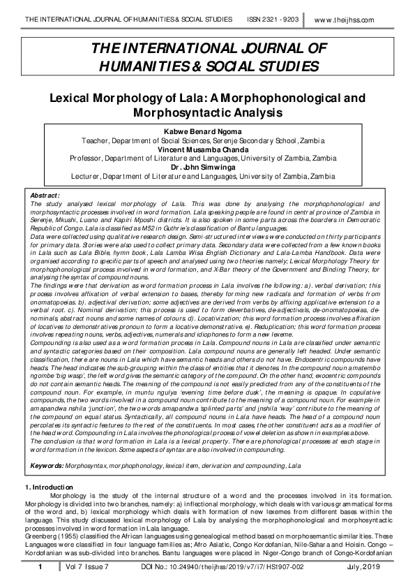 (PDF) Lexical Morphology of Lala: A Morphophonological and Morphosyntactic Analysis
