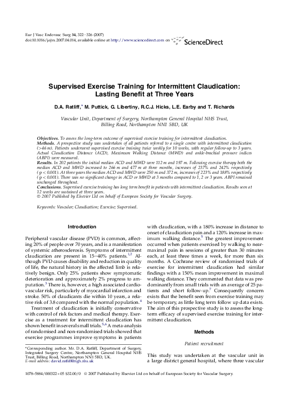 Pdf Supervised Exercise Training For Intermittent Claudication Lasting Benefit At Three Years