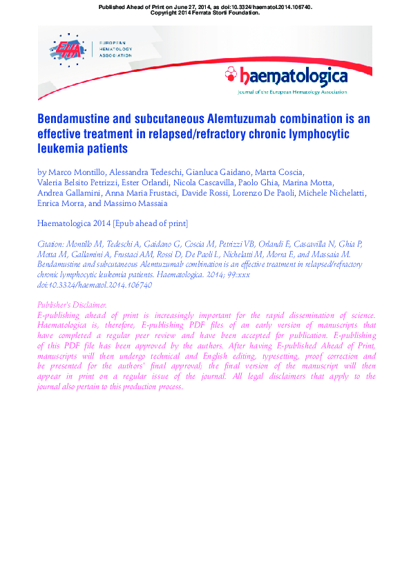 (PDF) Bendamustine and subcutaneous alemtuzumab combination is an ...