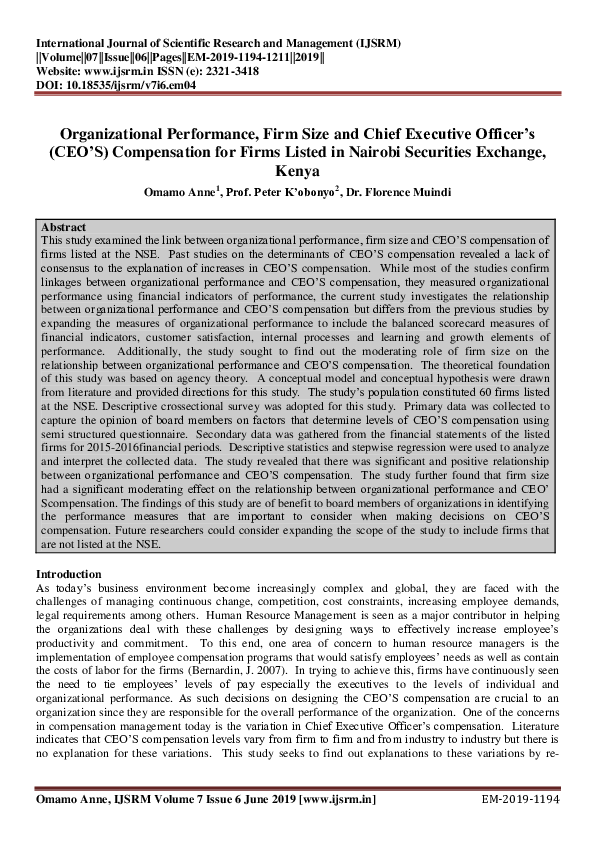 (PDF) Organizational Performance, Firm Size and Chief Executive Officer ...