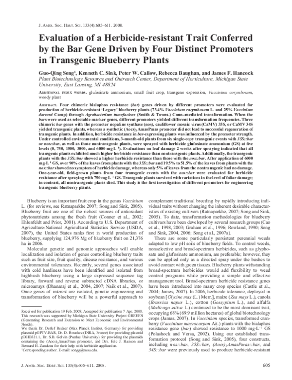 (PDF) Evaluation of a Herbicide-resistant Trait Conferred by the Bar ...