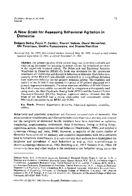 (PDF) A new scale for assessing behavioral agitation in dementia