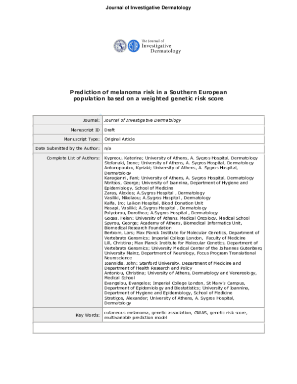 (PDF) Prediction of melanoma risk in a Southern European population ...