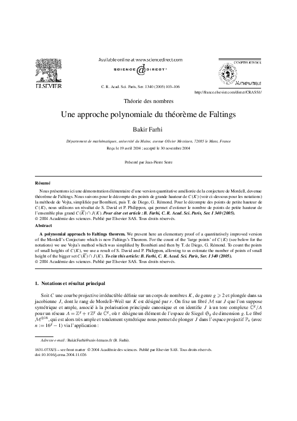 (PDF) Une approche polynomiale du théorème de Faltings