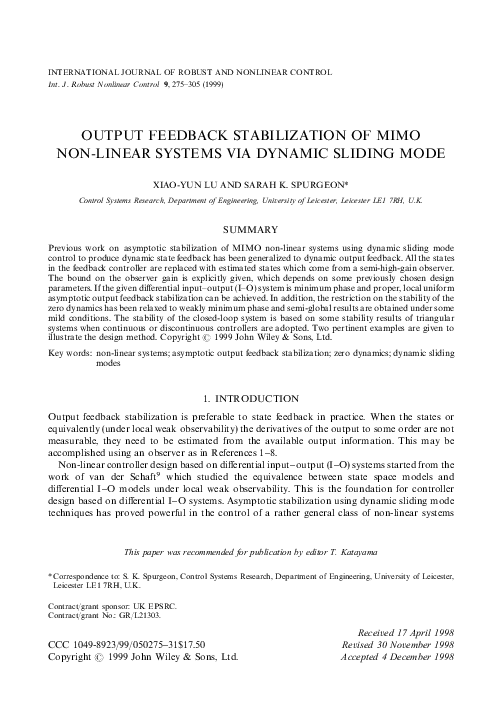 (PDF) Output feedback stabilization of MIMO non linear systems via dynamic sliding mode