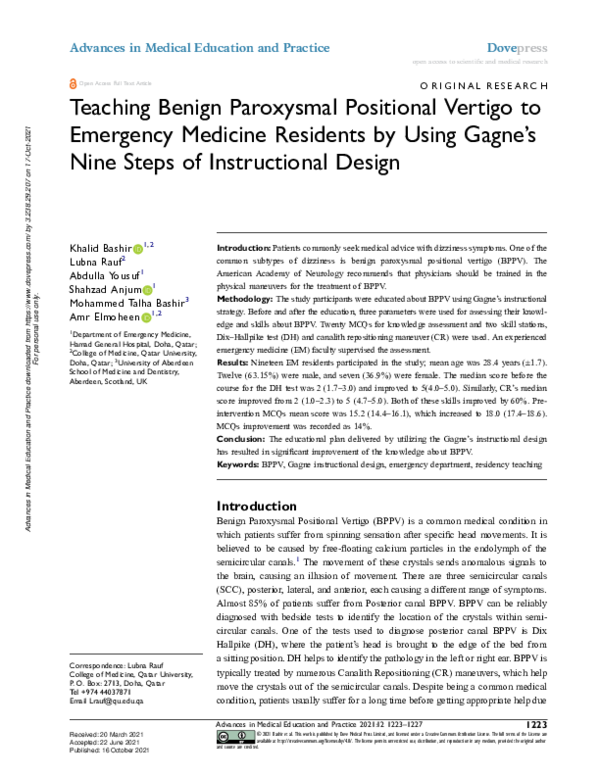 (PDF) Teaching Benign Paroxysmal Positional Vertigo to Emergency ...
