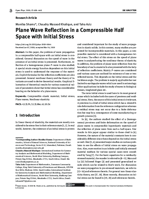 (PDF) Plane Wave Reflection in a Compressible Half Space with Initial ...