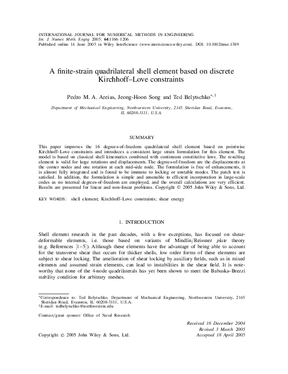 Pdf A Finite Strain Quadrilateral Shell Element Based On Discrete