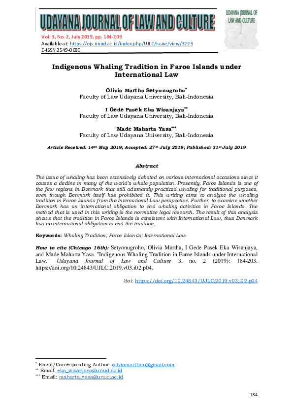 (PDF) Indigenous Whaling Tradition in Faroe Islands under International Law