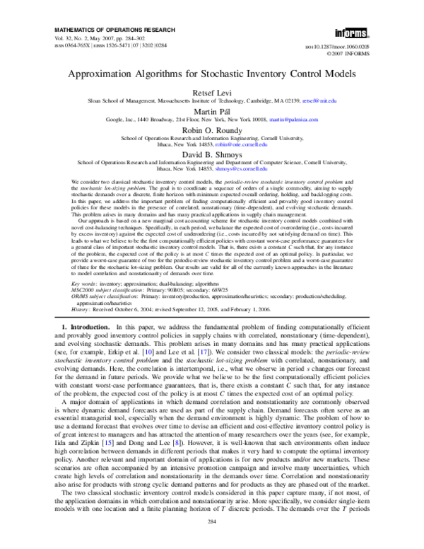 Pdf Approximation Algorithms For Stochastic Inventory Control Models