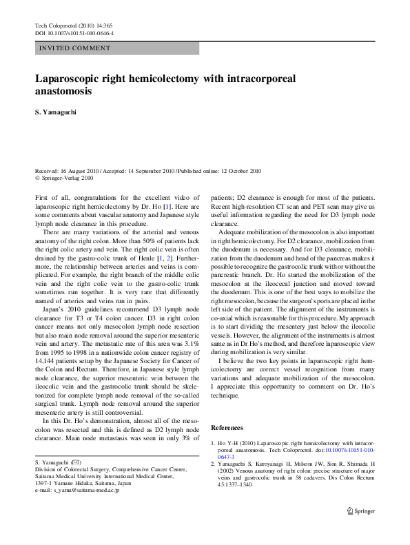 (PDF) Laparoscopic right hemicolectomy with intracorporeal anastomosis