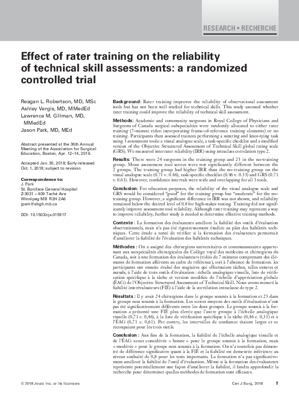 (PDF) Effect of rater training on the reliability of technical skill ...