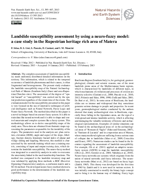 (PDF) Landslide susceptibility assessment by using a neuro-fuzzy model: a case study in the ...
