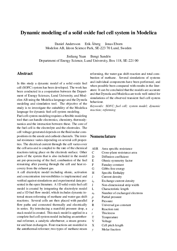Pdf Dynamic Modeling Of A Solid Oxide Fuel Cell System In Modelica