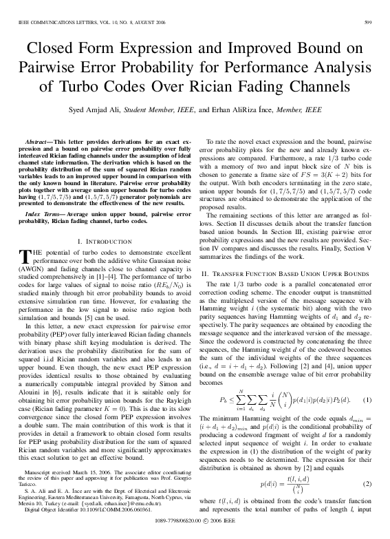 (PDF) Closed form expression and improved bound on pairwise error probability for performance ...