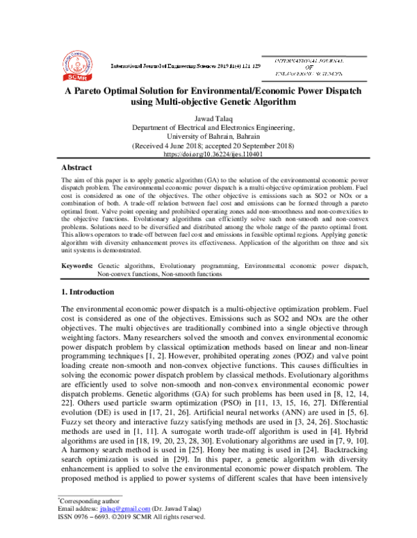 (PDF) A Pareto Optimal Solution for Environmental/Economic Power Dispatch using Multi-objective ...