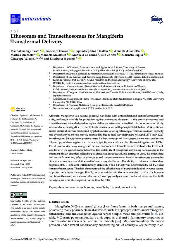 (PDF) Ethosomes and Transethosomes for Mangiferin Transdermal Delivery