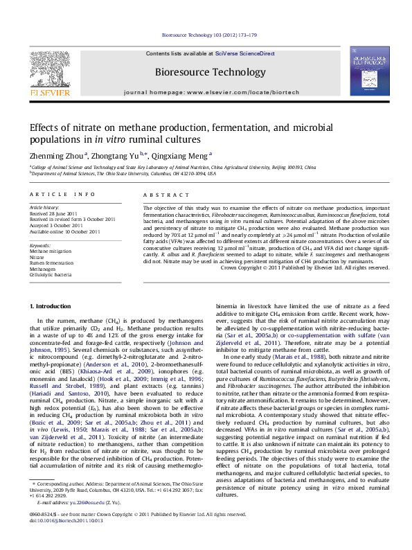 (PDF) Effects of nitrate on methane production, fermentation, and ...