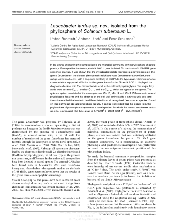(PDF) Leucobacter tardus sp. nov., isolated from the phyllosphere of ...