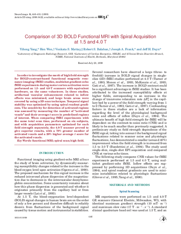 (PDF) Comparison of 3D BOLD Functional MRI with Spiral Acquisition at 1 ...
