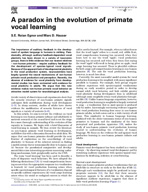 (PDF) A paradox in the evolution of primate vocal learning