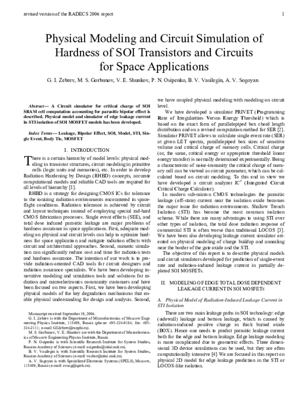 (PDF) Physical Modeling and Circuit Simulation of Hardness of SOI Transistors and Circuits for ...