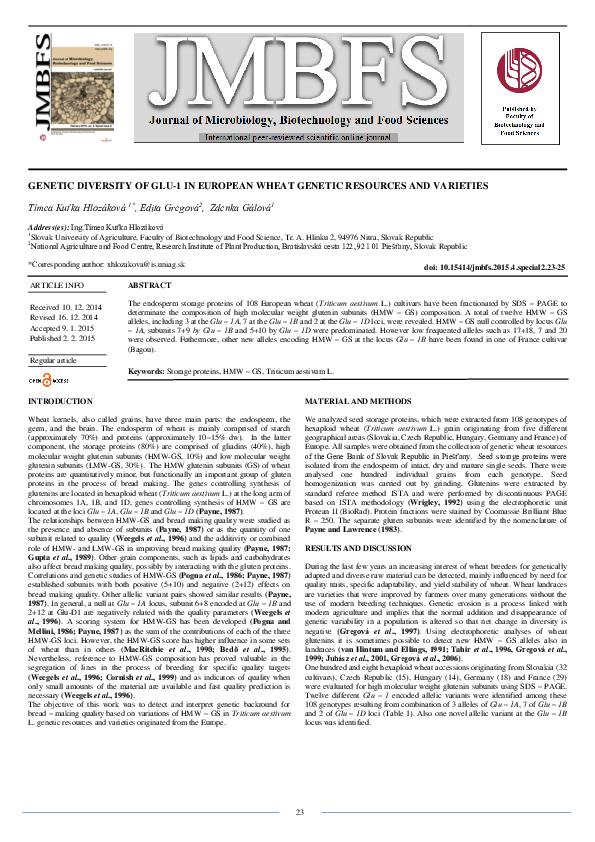 Genetic diversity of glu-1 in European wheat genetic resources and ...