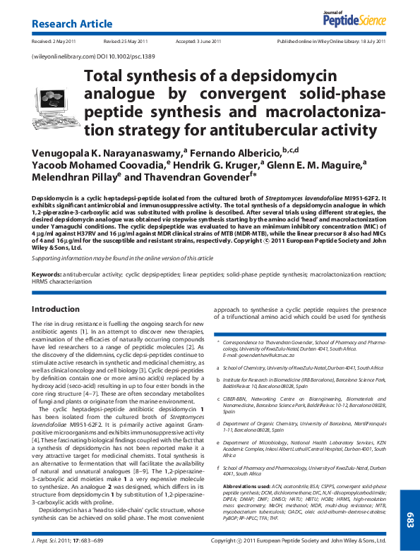 (PDF) Total synthesis of a depsidomycin analogue by convergent solid ...