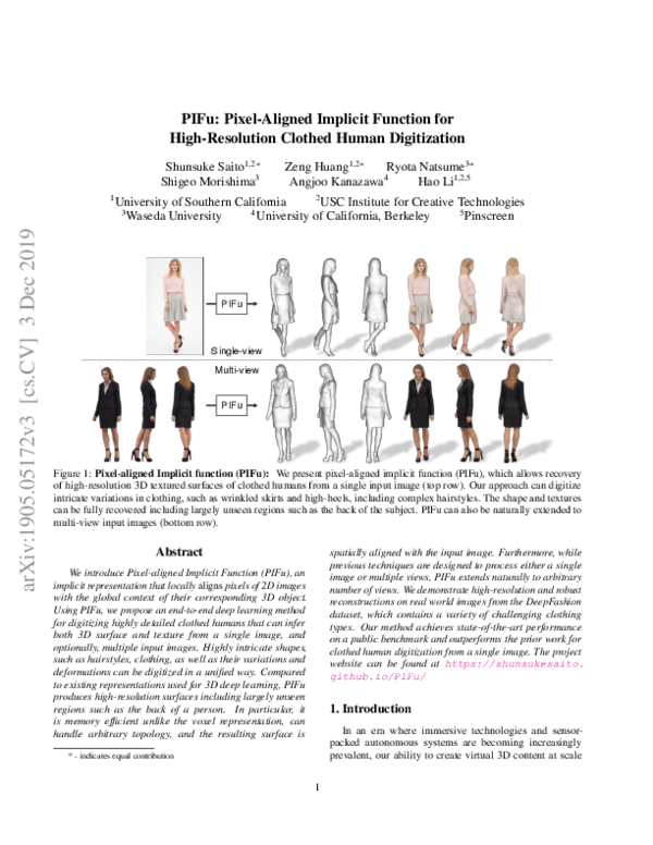 (PDF) PIFu: Pixel-Aligned Implicit Function for High-Resolution Clothed Human Digitization