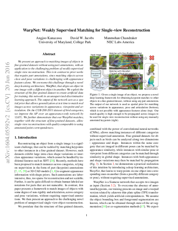 Pdf Warpnet Weakly Supervised Matching For Single View Reconstruction Angjoo Kanazawa