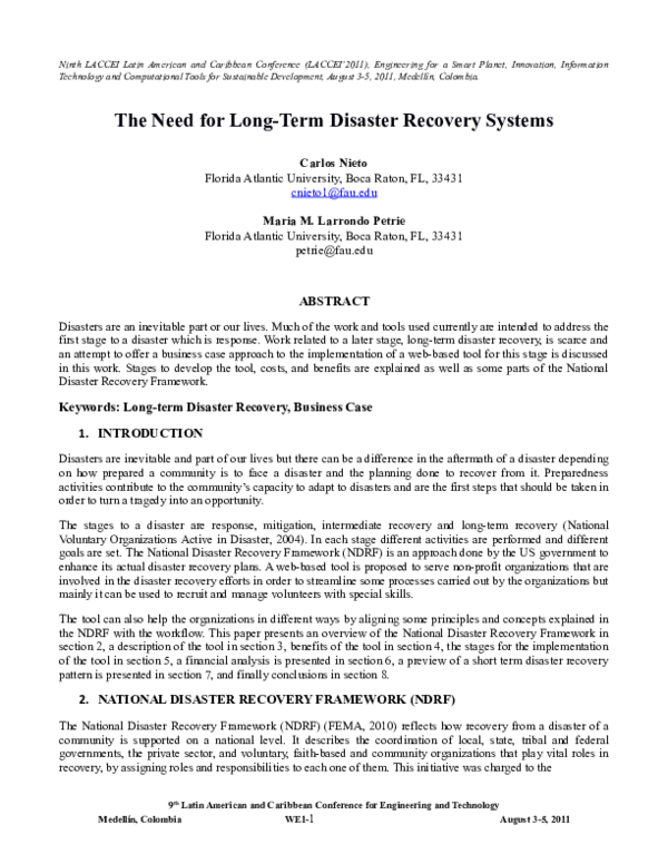 (PDF) The Need for Long-Term Disaster Recovery Systems