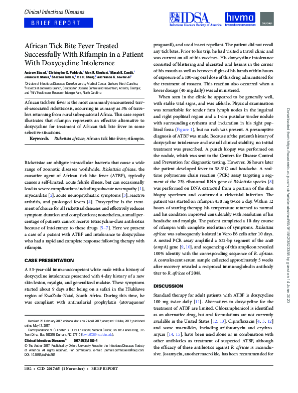 (PDF) African Tick Bite Fever Treated Successfully With Rifampin in a ...