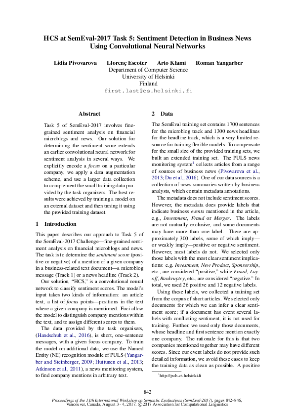 (PDF) HCS at SemEval-2017 Task 5: Polarity detection in business news using convolutional neural ...