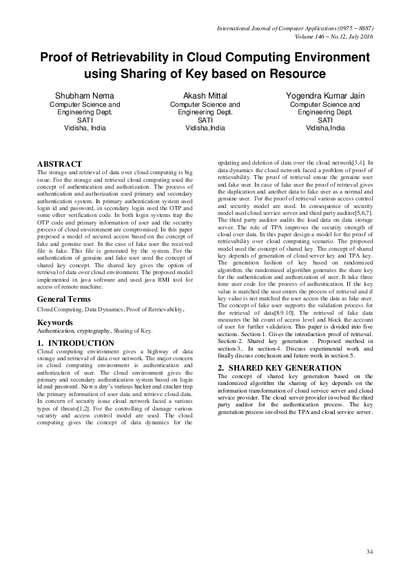 (PDF) Proof of Retrievability in Cloud Computing Environment using Sharing of Key based on ...