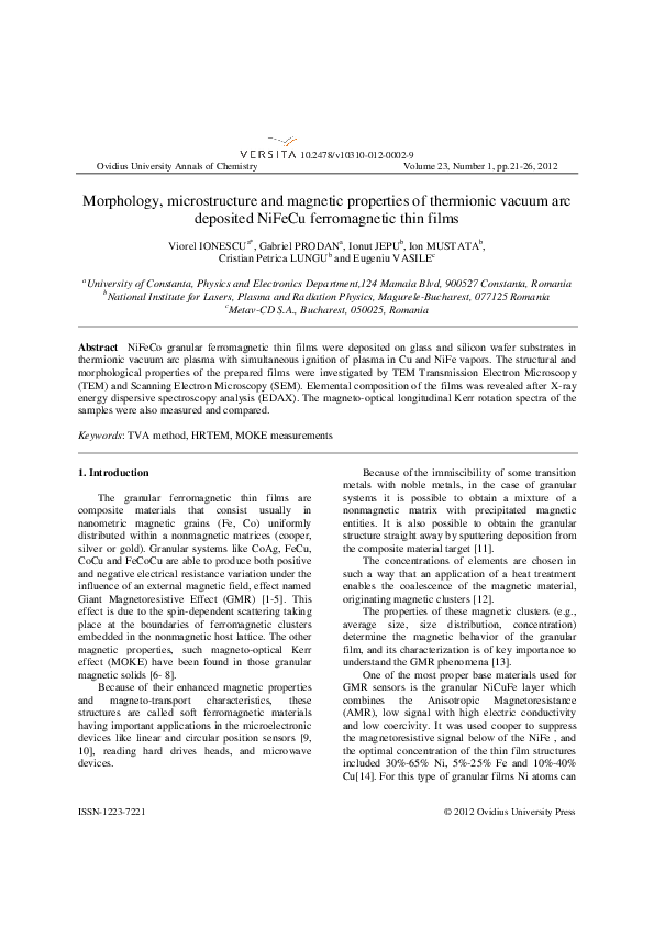 (PDF) Morphology, microstructure and magnetic properties of thermionic vacuum arc deposited ...
