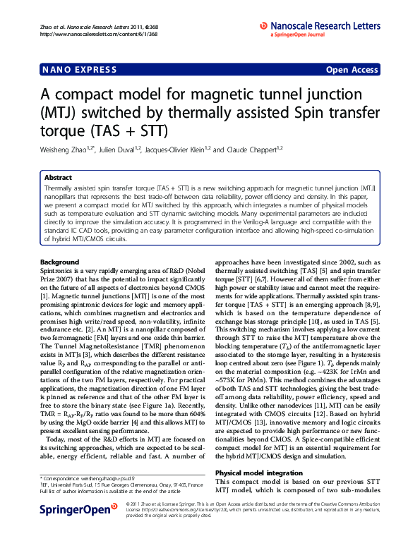 (PDF) A compact model for magnetic tunnel junction (MTJ) switched by ...