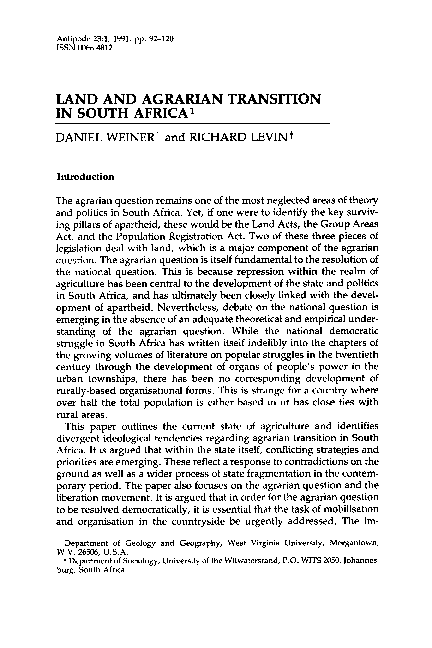 (PDF) Land and Agrarian Transition in South AFRICA1 | Daniel Weiner ...