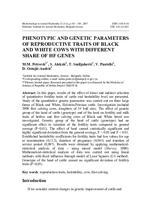 (PDF) Phenotypic and genetic parameters of reproductive traits of black and white cows with ...