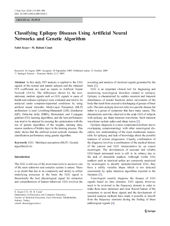 Pdf Classifying Epilepsy Diseases Using Artificial Neural Networks And Genetic Algorithm