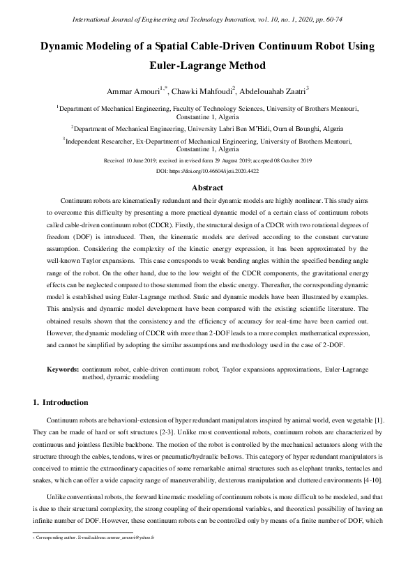 Pdf Dynamic Modeling Of A Spatial Cable Driven Continuum Robot Using