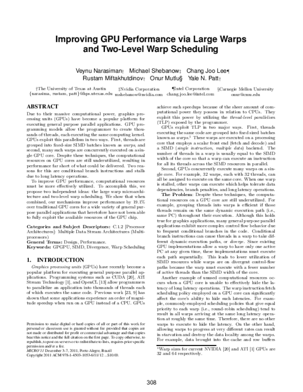 (PDF) Improving GPU performance via large warps and two-level warp scheduling